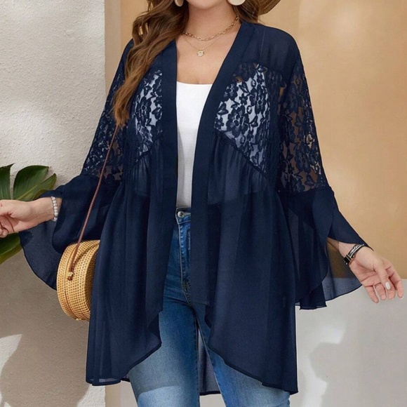 Tops | Plus Floral Sheer Lace Bell Sleeve Open Front Light Duster Top ...